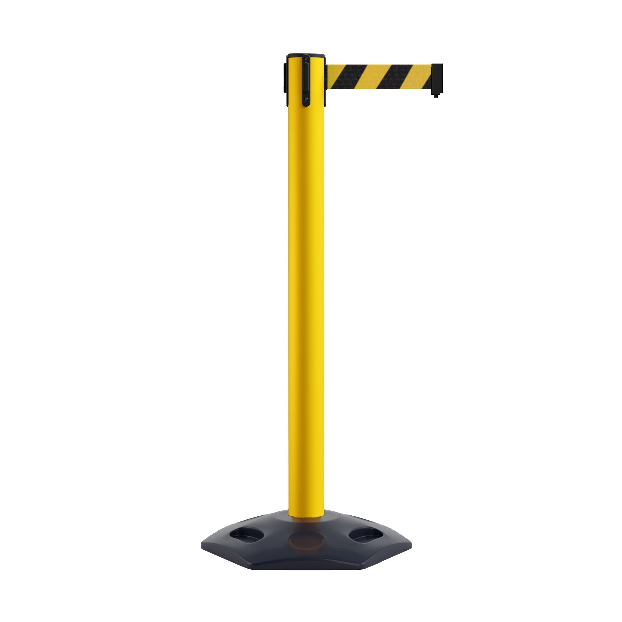 Retractable Dual Belt Barrier Stanchion, Heavy-Duty Rubber Base, Yellow ...